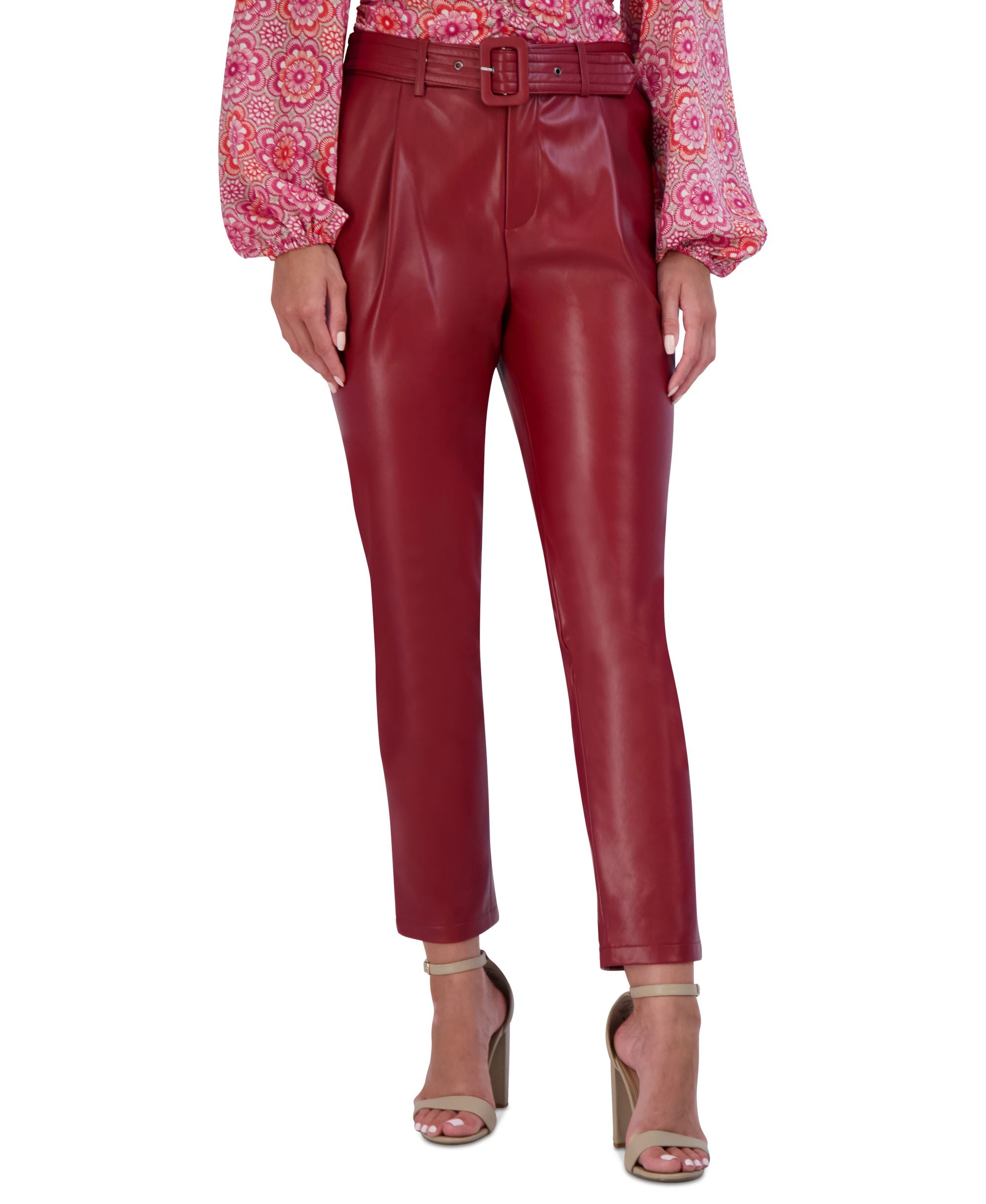 Women's Belted High Rise Faux Leather Pants
